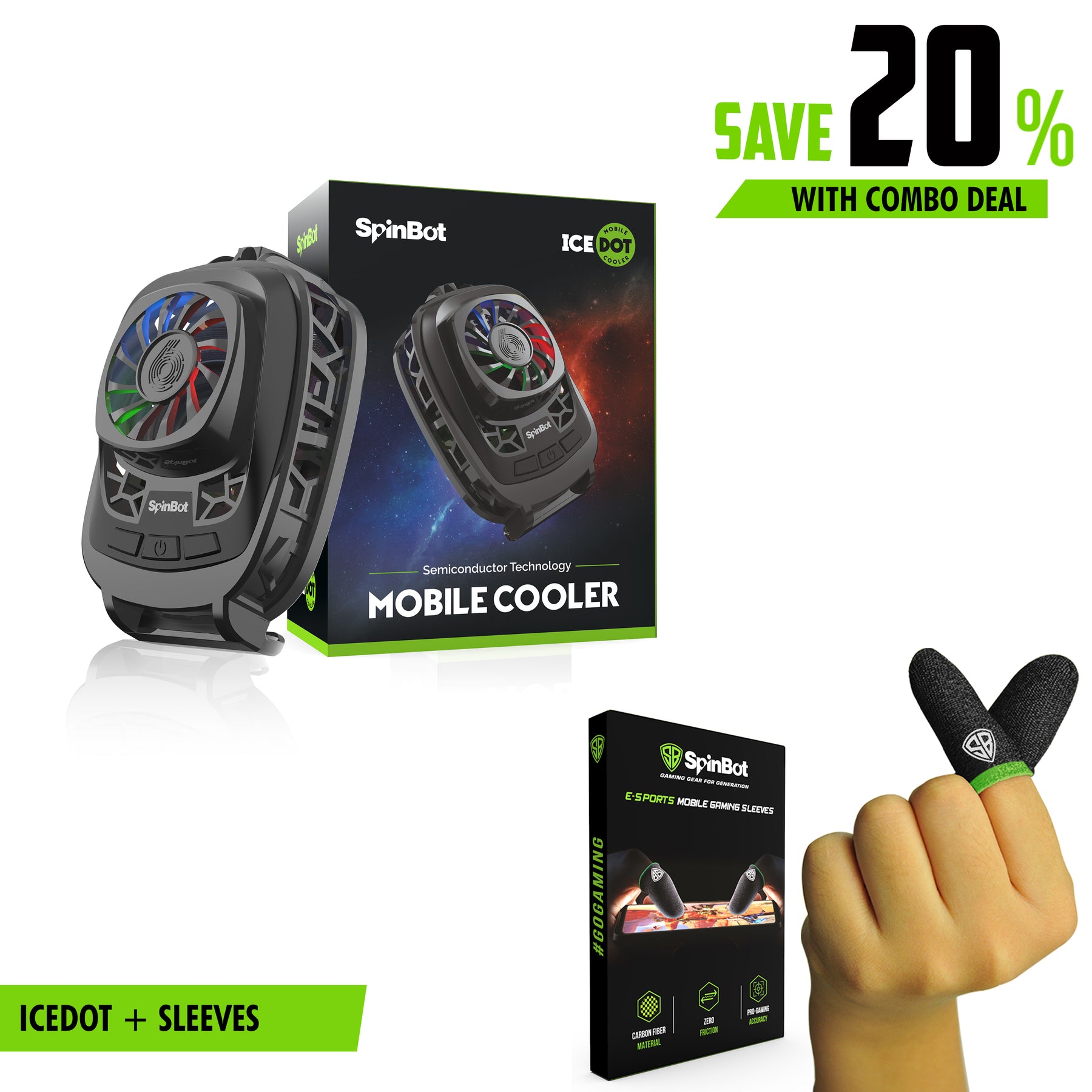 SpinBot IceDot Mobile Cooler+ Gaming Sleeves Combo
